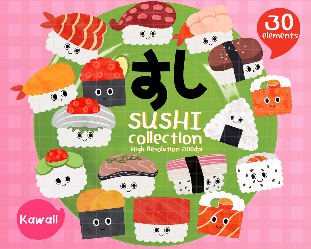 Cute Sushi Watercolor Clipart, Kawaii Sushi Collection, Cute Sushi ...