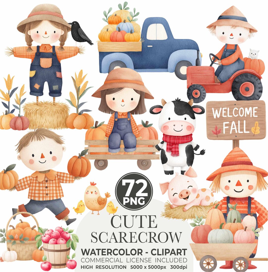 Watercolor Scarecrow Clipart Set: Fall Harvest Illustrations (PNG Files ...