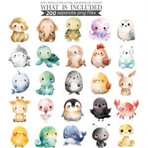 Watercolor Cute Animals Clipart 200 Cute Animal PNG Watercolor Animals ...