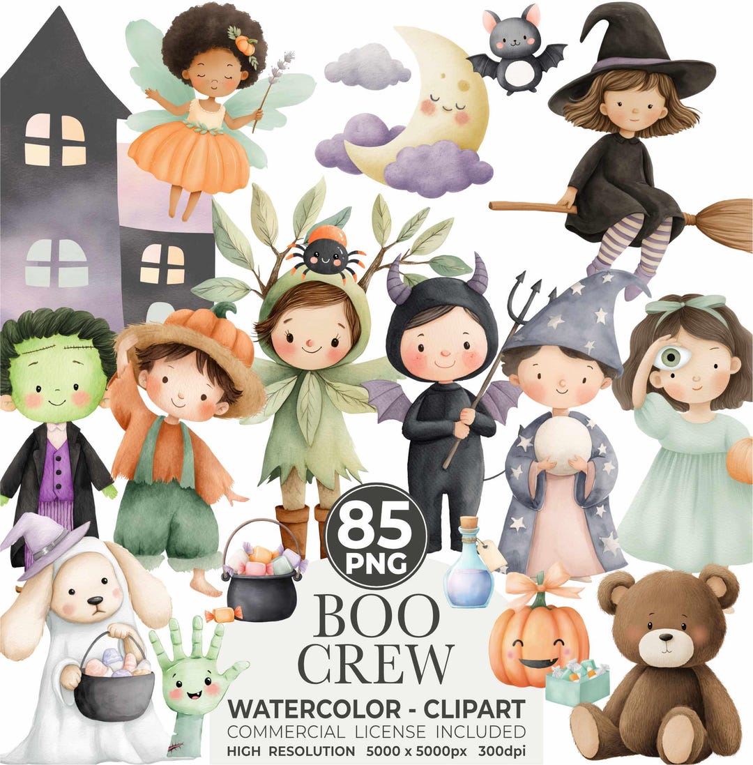 Watercolor Cute Halloween Clipart Set, Spooky PNG, Witch Clip Art ...