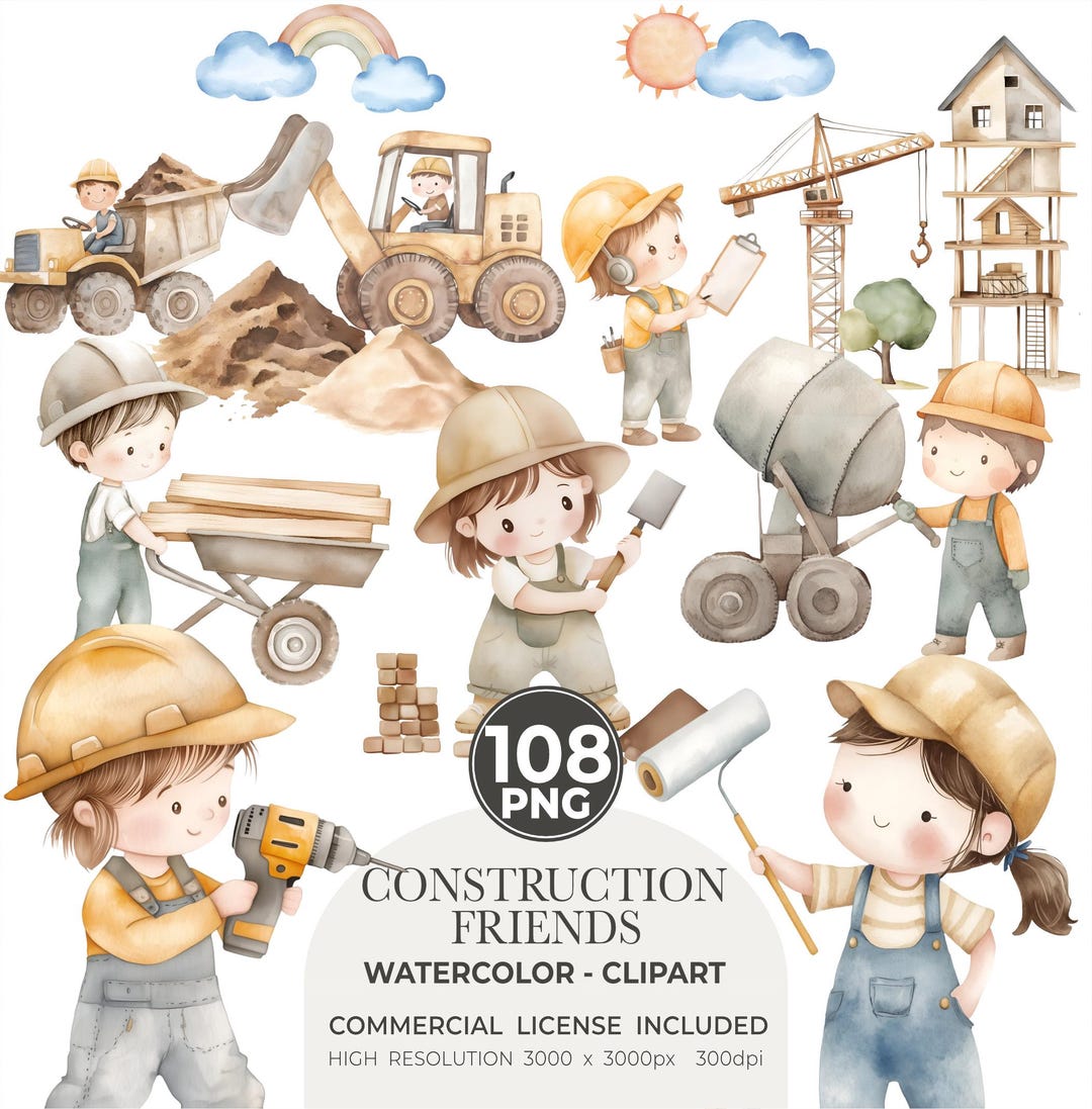 Construction Watercolor Clipart: Kids Vehicles, Nursery Themes (108 PNG ...