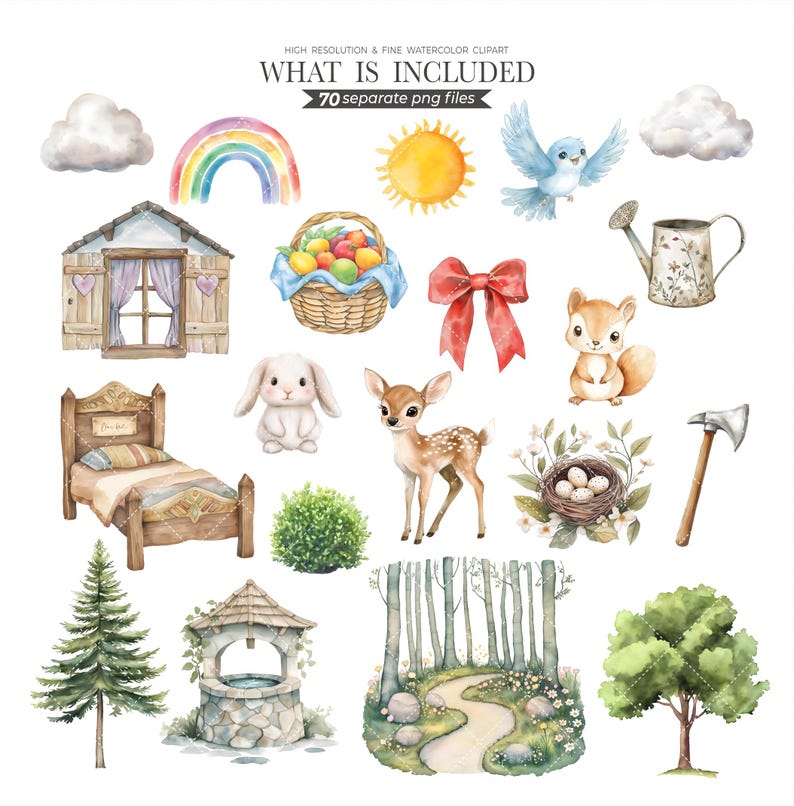 Snow White Watercolor Clipart: Princess and Seven Dwarfs (PNG) - Etsy