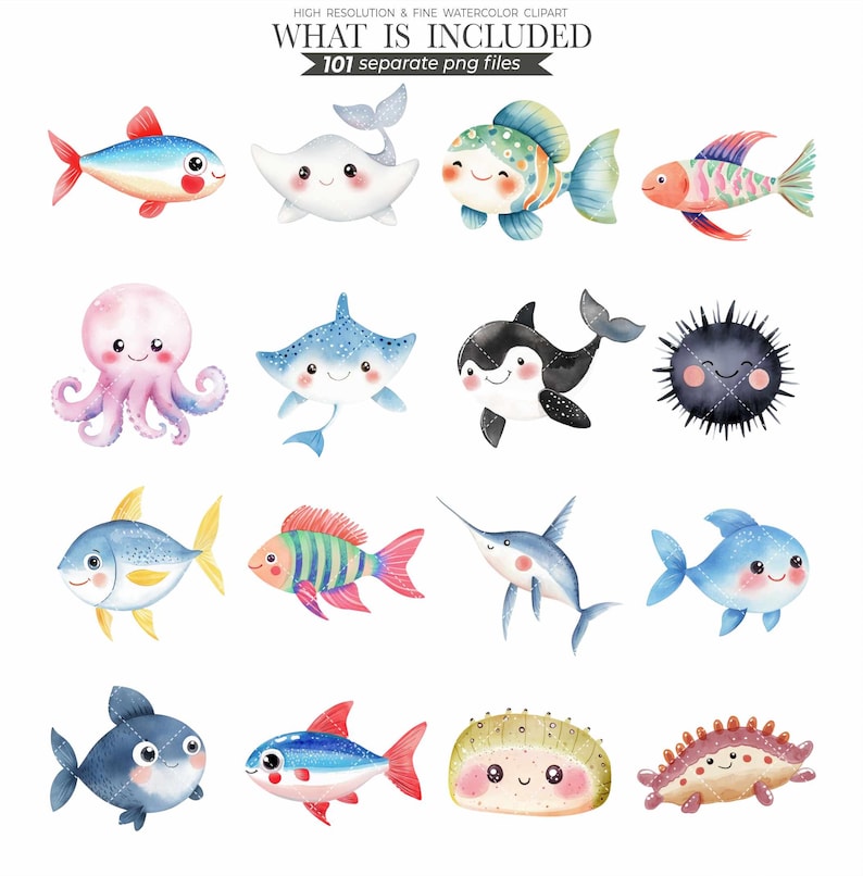 Watercolor Sea Animals Clipart: Ocean Nursery Art, Commercial Use (PNG ...