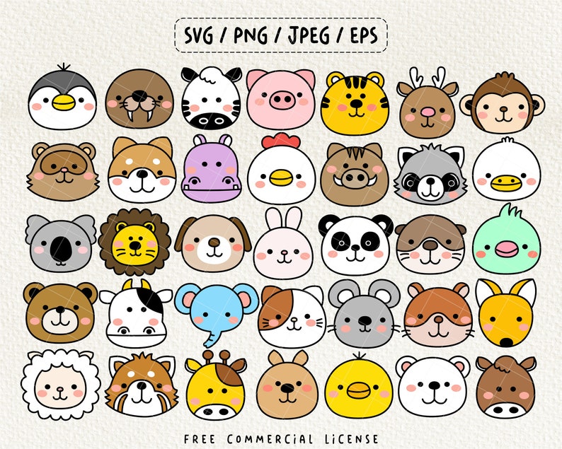 Animals Face Clipart Bundle, Cute Animals PNG, Animals Baby Shower ...