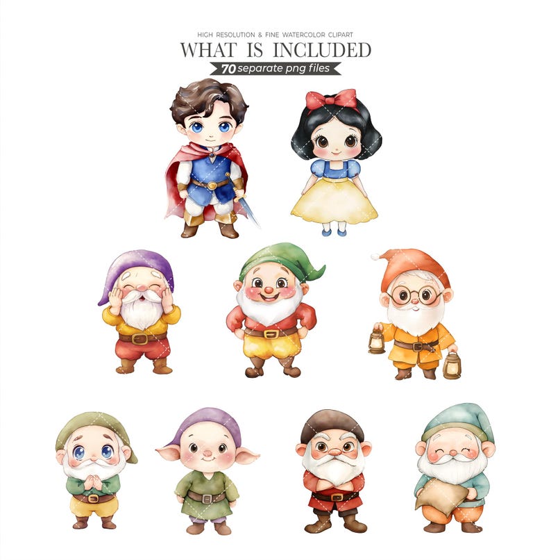 Snow White Watercolor Clipart: Princess and Seven Dwarfs (PNG) - Etsy