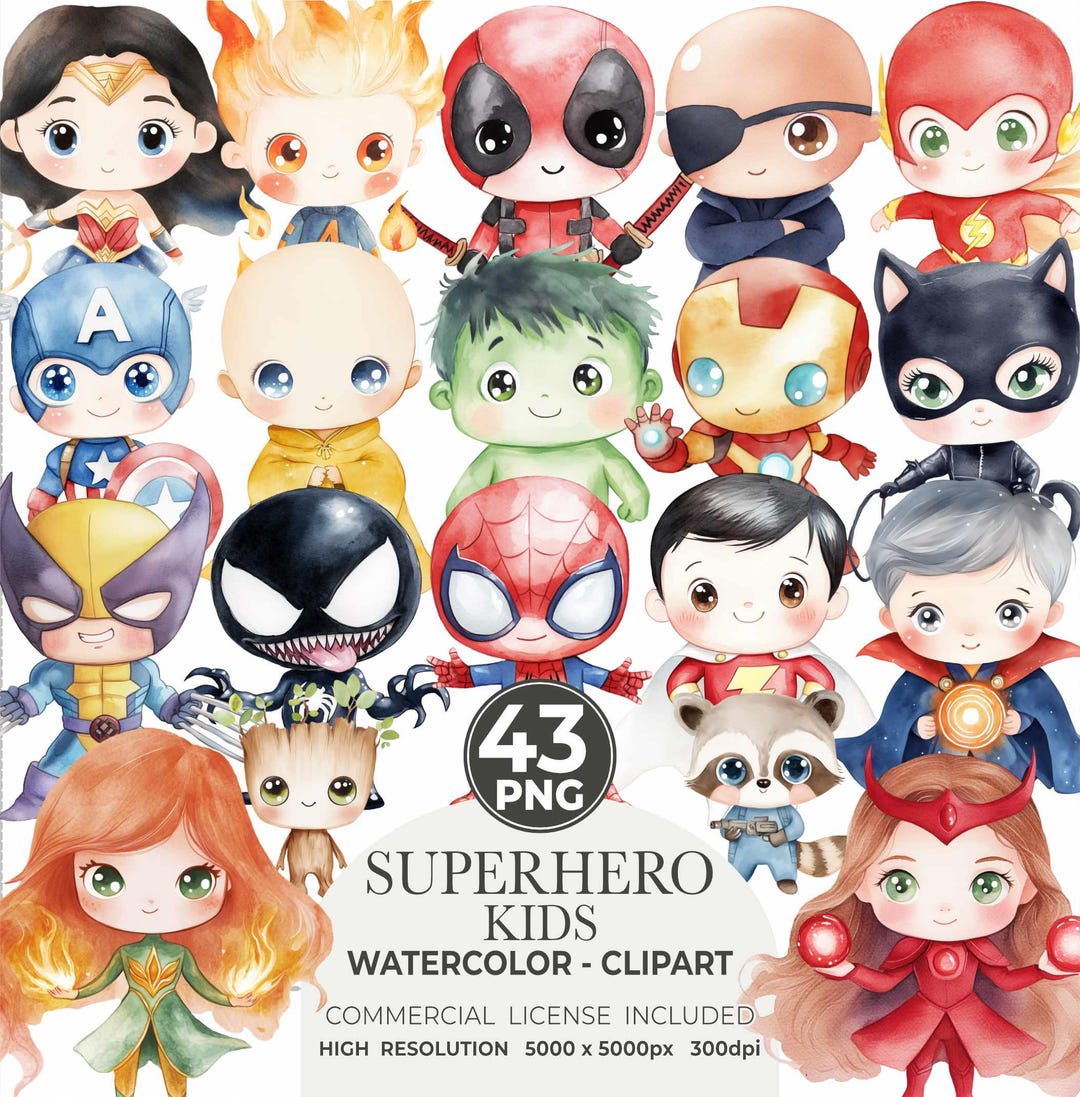 Watercolor Superhero Kids Clipart: Comic Book Style PNG (commercial Use ...