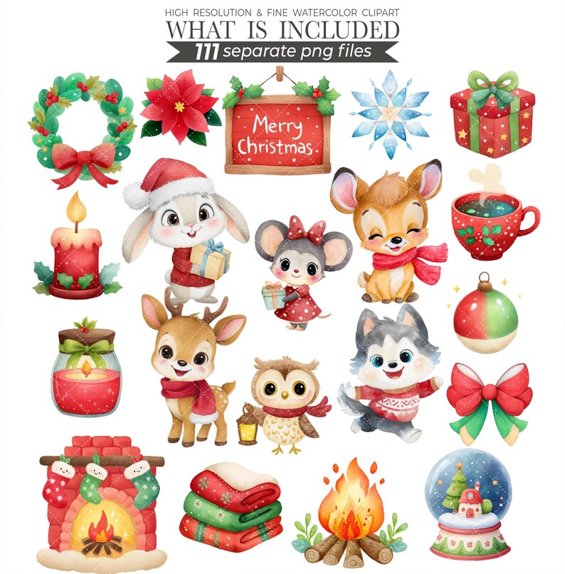 Watercolor Christmas Animals Clipart: Winter Woodland PNG Bundle ...