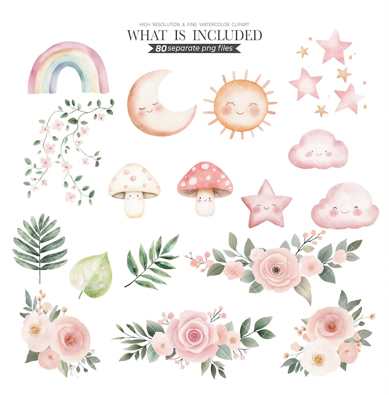 Watercolor Fairy Garden Clipart: Pink Princess, Woodland Animals (PNG ...