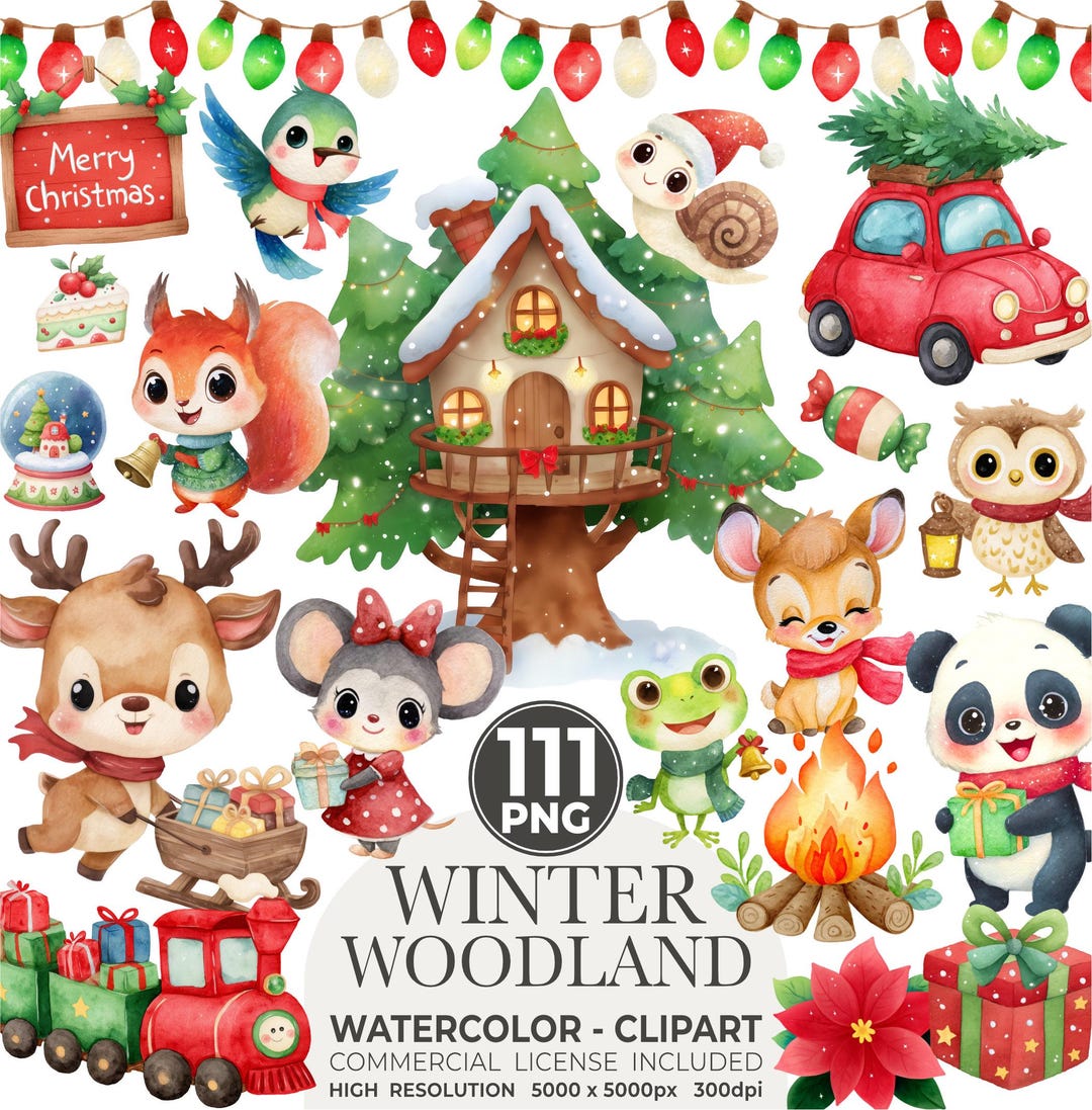 Watercolor Christmas Animals Clipart: Winter Woodland PNG Bundle ...