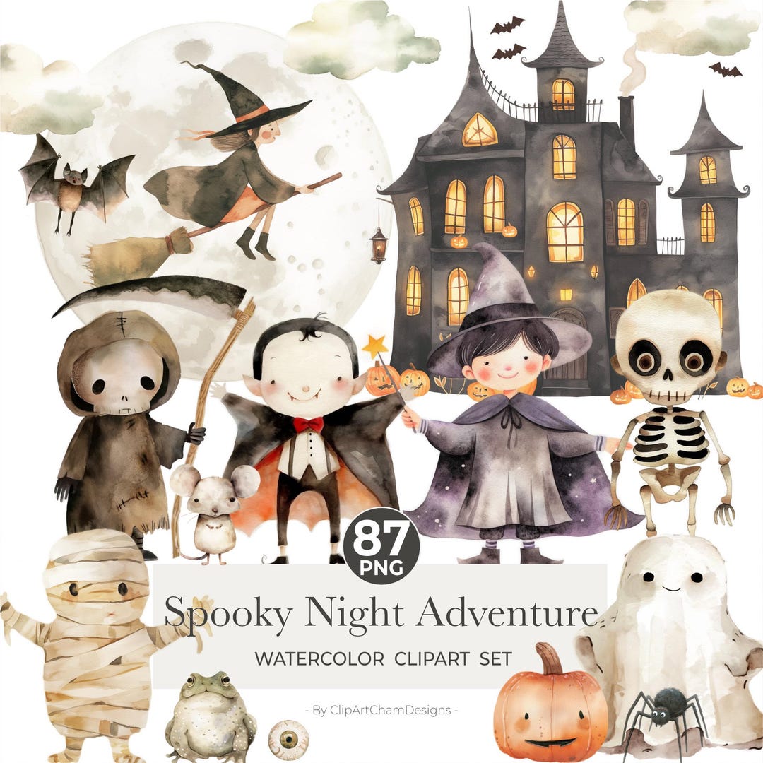 Cute Halloween Clipart – Watercolor Pumpkin, Witch, Monster (commercial ...