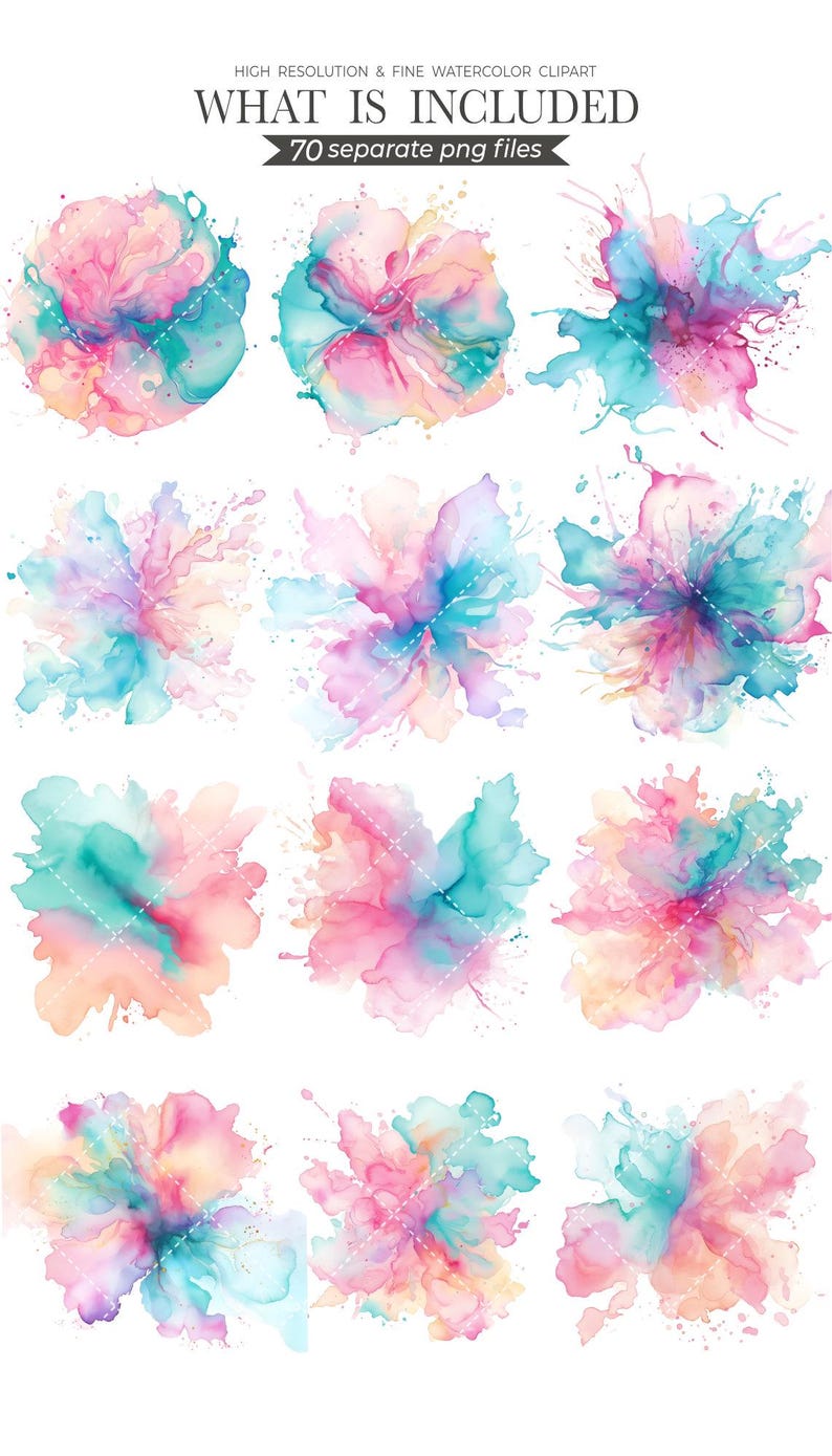 70 Pastel Watercolor Alcohol Ink Splash Clipart, Paint Splatter PNG ...