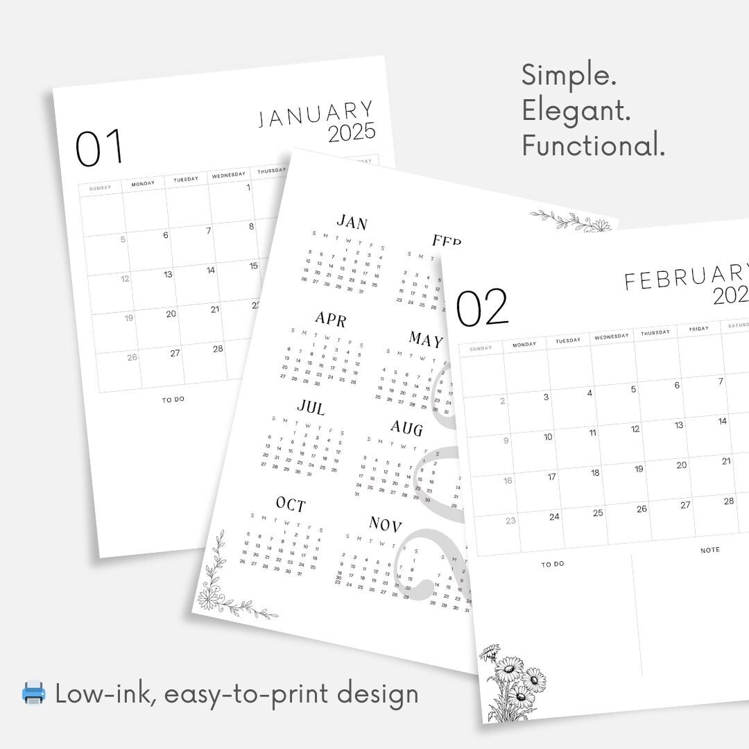 2025 Minimalist Calendar | Black & White Minimalist Monthly Planner ...