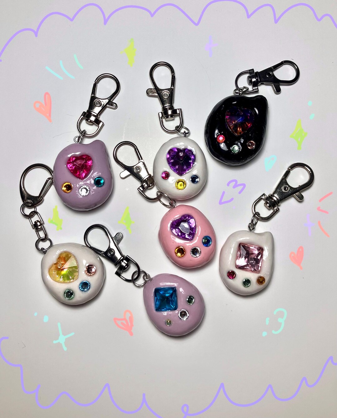 Handmade Clay Tamagotchi Keychains With Colorful Stones | Girly Keyring ...