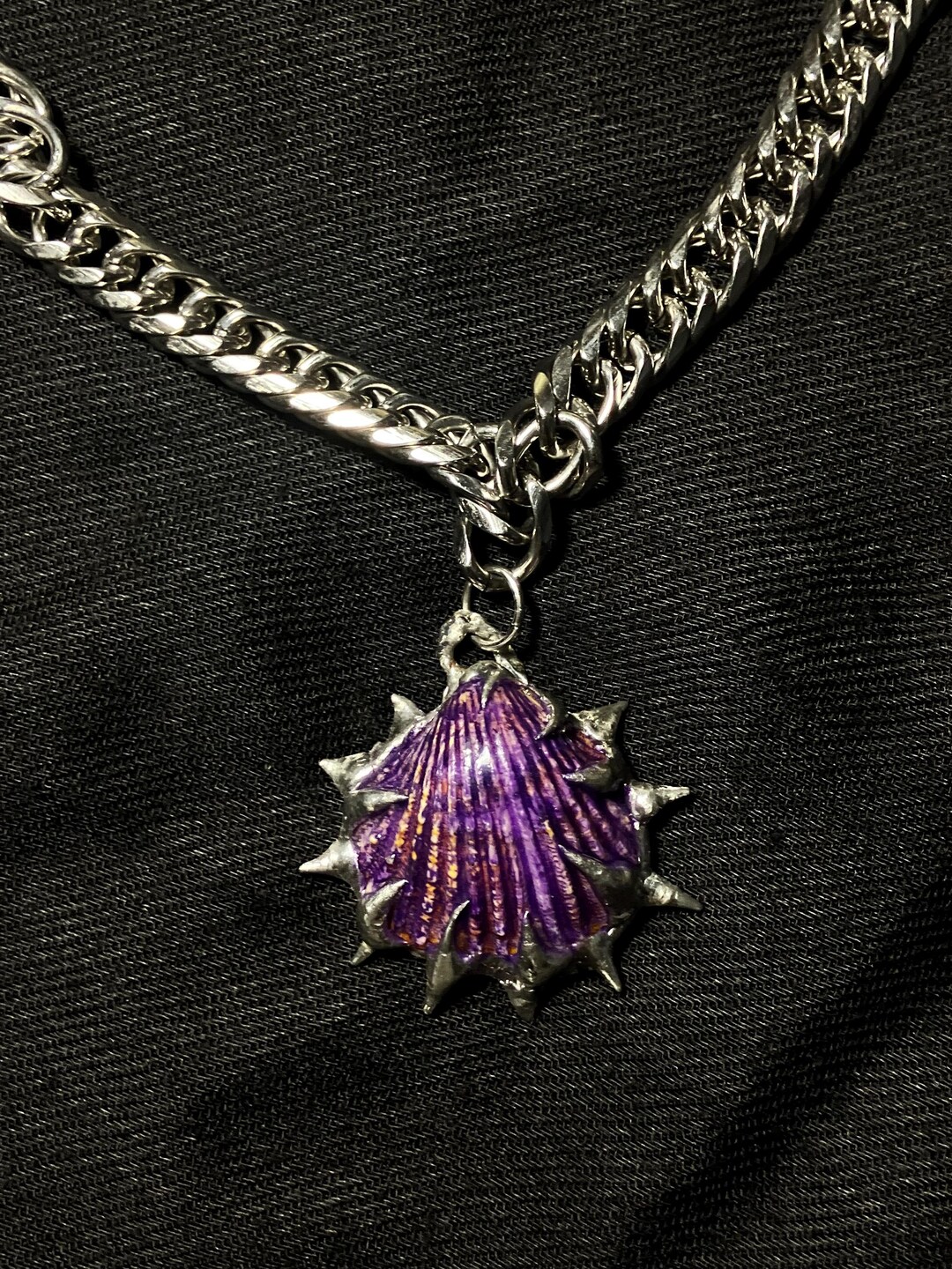 Handmade Spiky Purple Shell Necklace With Stainless Steel Chain - Punk ...