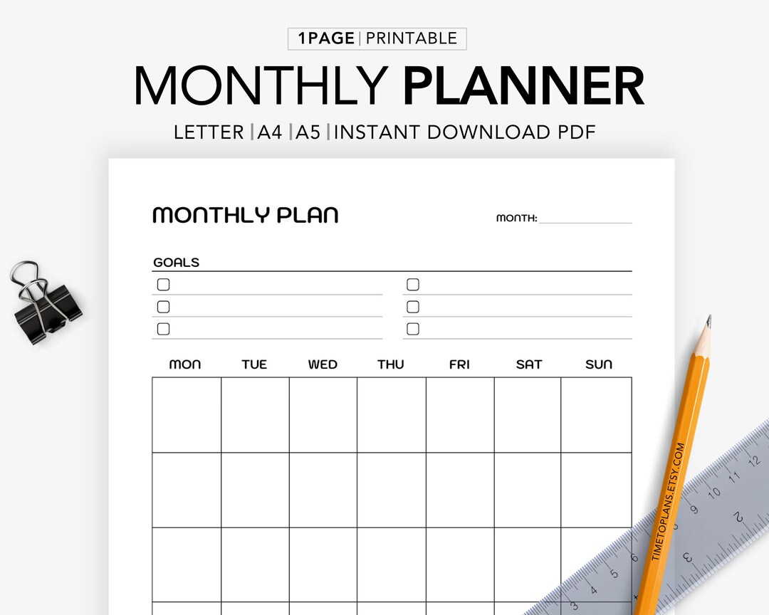 Monthly Goal Planner Printable Productivity Planner Monday - Etsy