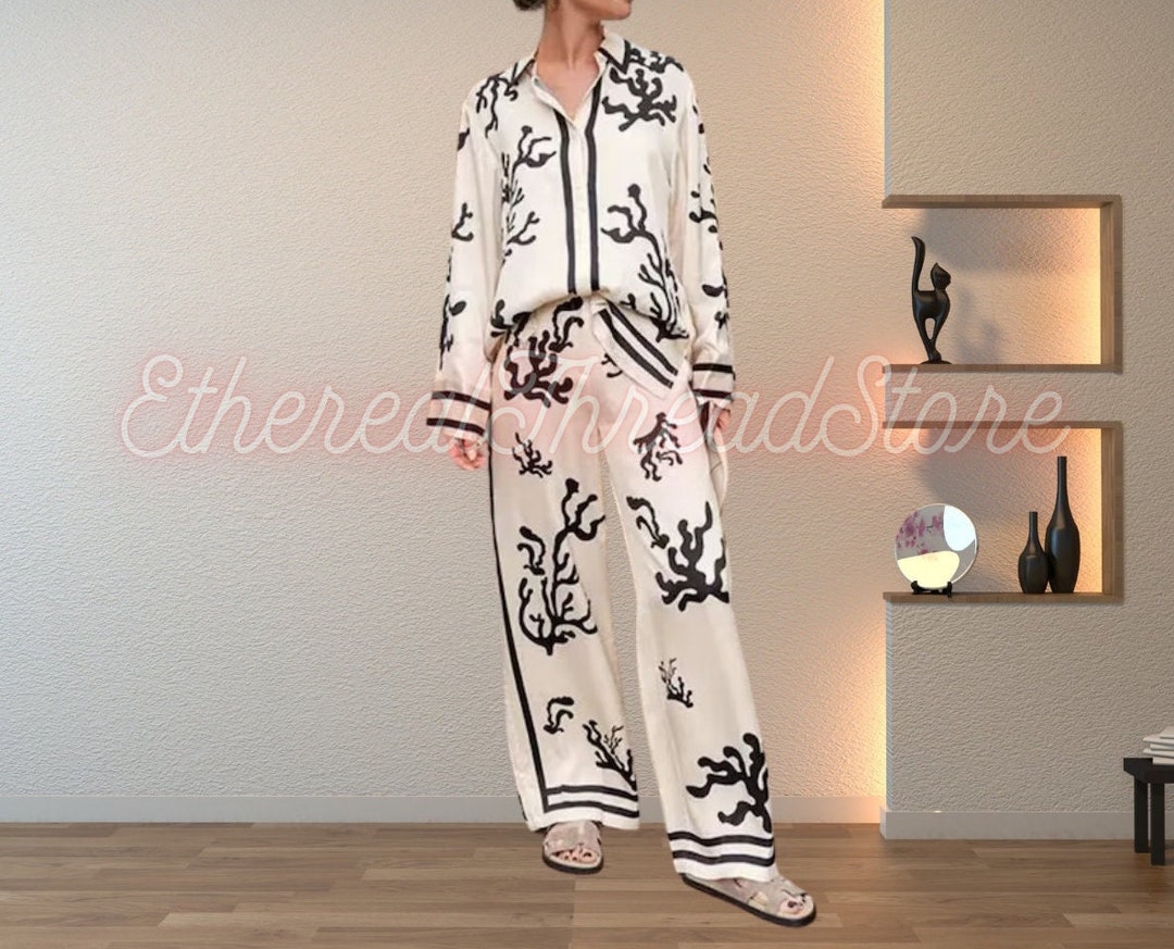 Elegant Print Women's Stain Pants Set Spring Summer Loose Lapel Long ...