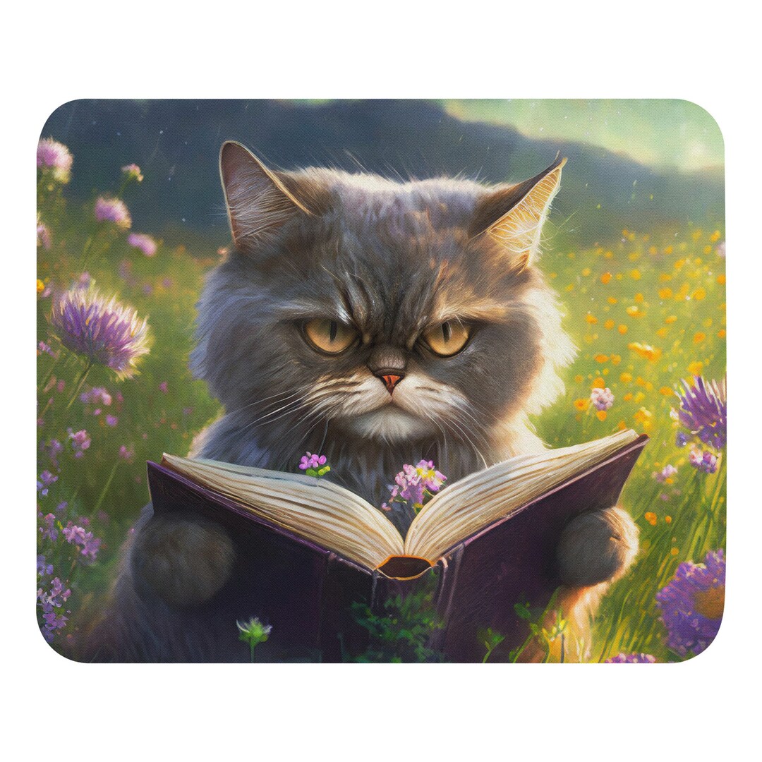 Angry Cat Reading Book Mouse Pad, Surreal, Fantasy, Cat in the Meadow ...