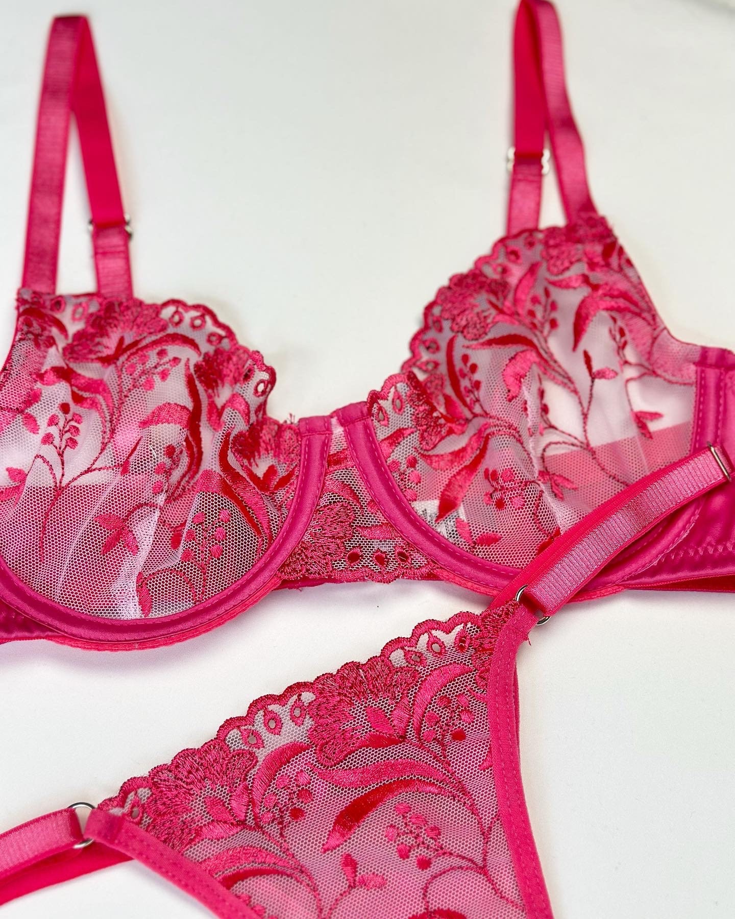 Embroidered Fuchsia Lingerie Set, Fuchsia Pink Floral Lingerie Set ...