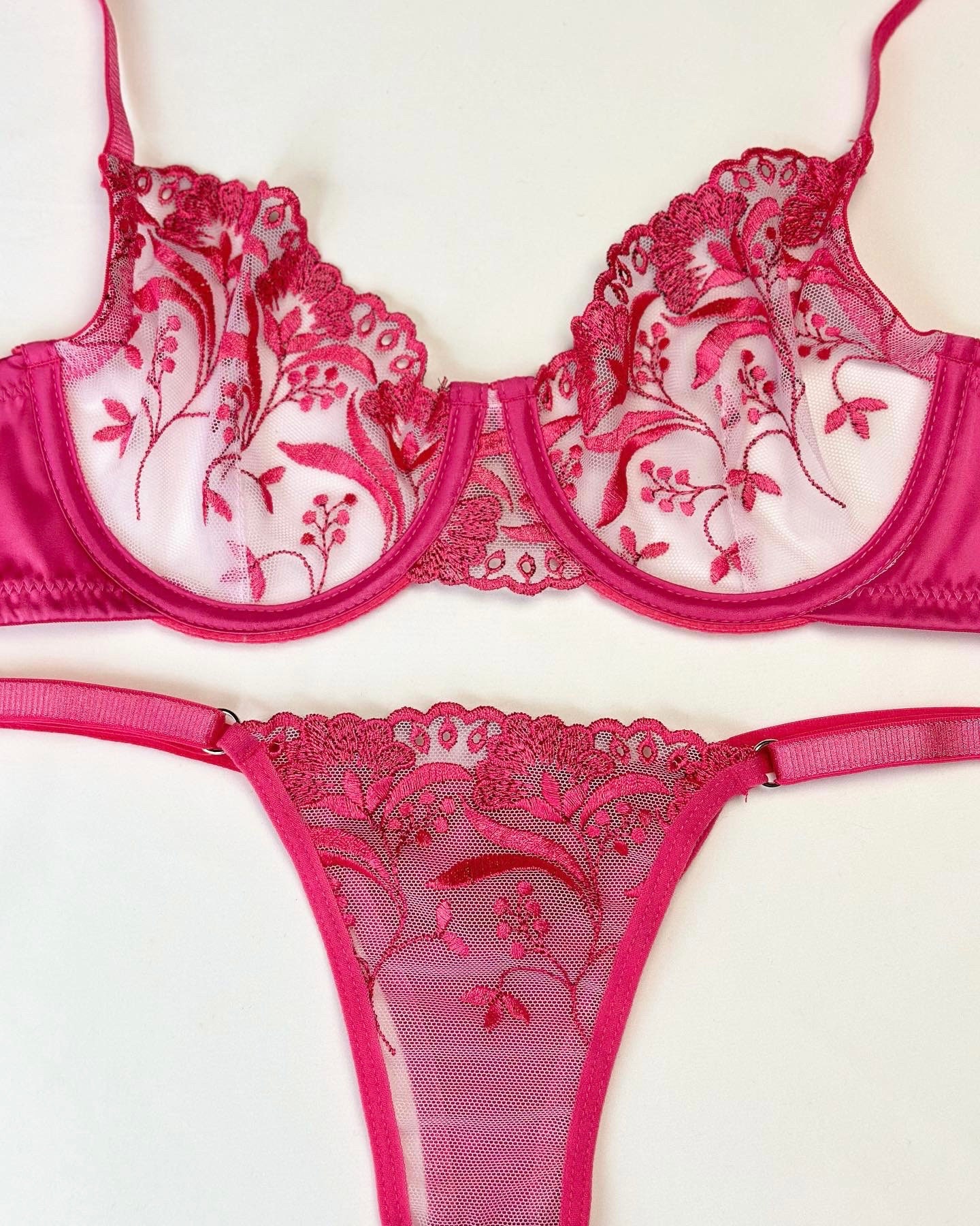 Embroidered Fuchsia Lingerie Set, Fuchsia Pink Floral Lingerie Set, Embroidery Bra, Floral ...