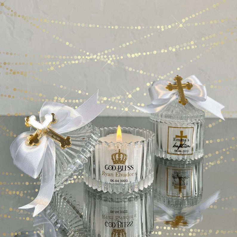Personalized Gold Cross on Glass Candle With Baptism Favors for Guests ...