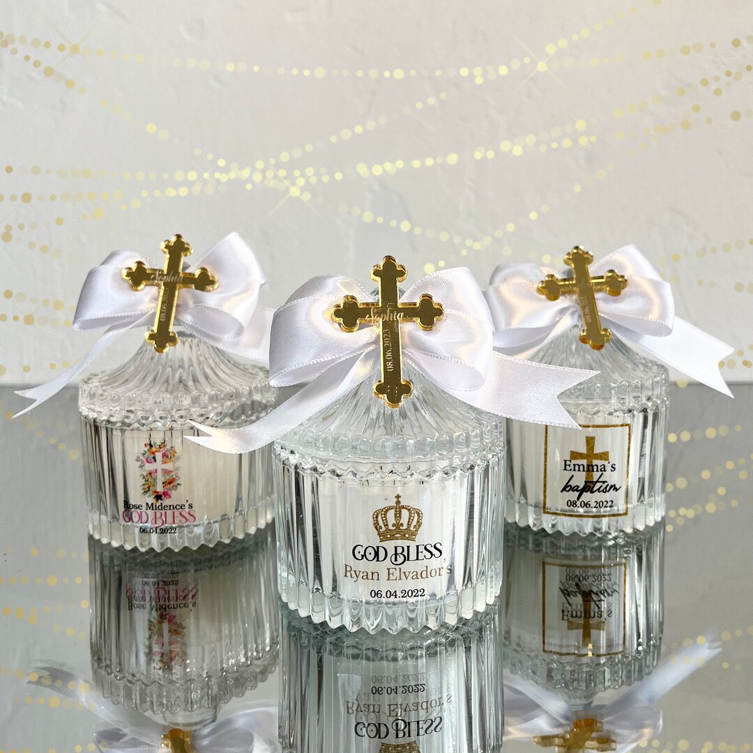 Personalized Gold Cross on Glass Candle With Baptism Favors for Guests ...