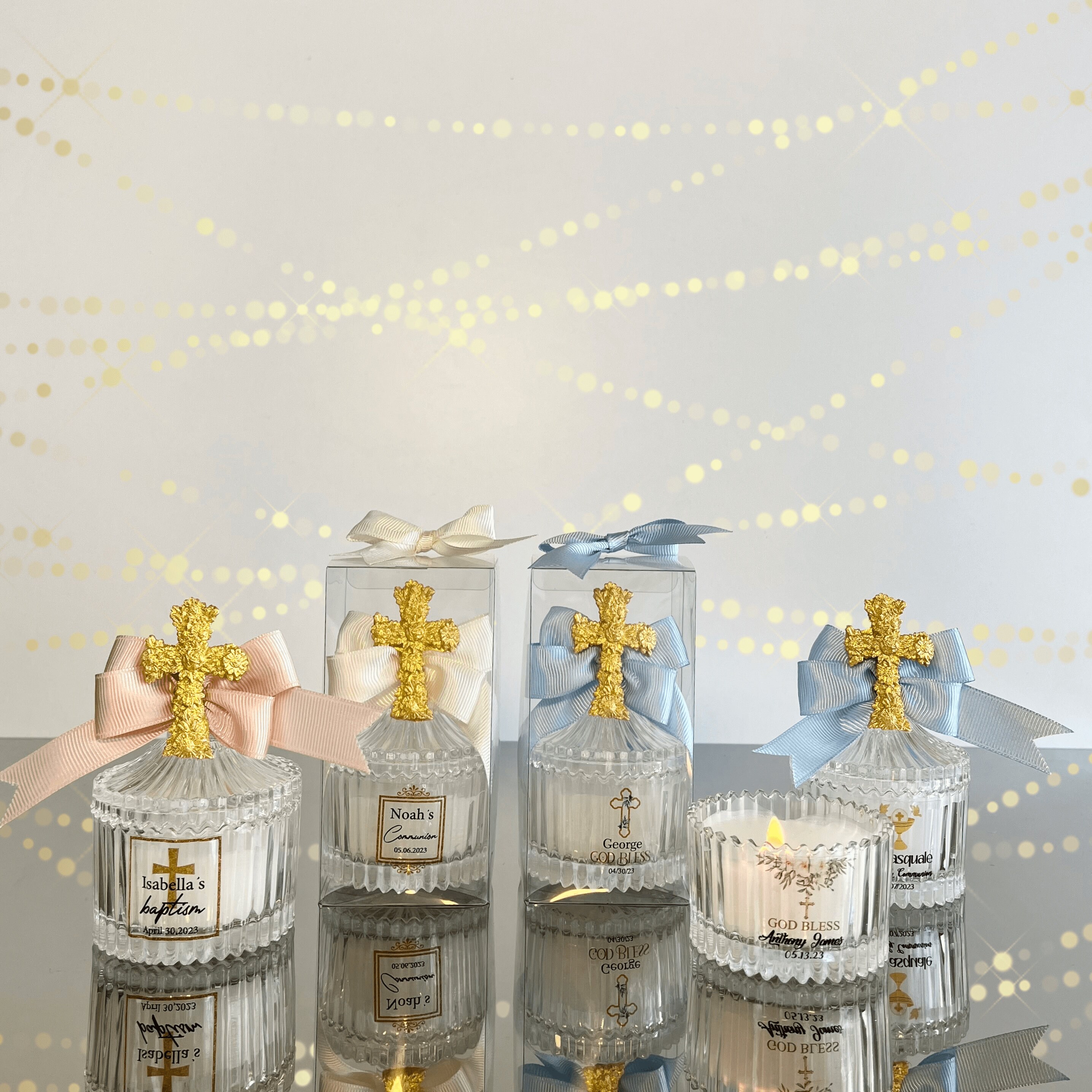 Unique Gold Cross on Glass Candle Baptism Favors, Holy Communion Favors ...