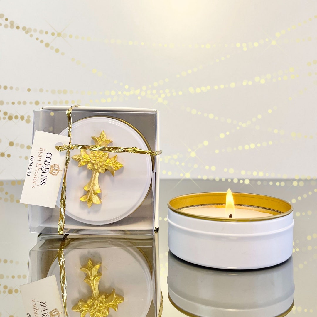 Luxury Gold Cross on Tin Candle Baptism Favors for Guests, First ...