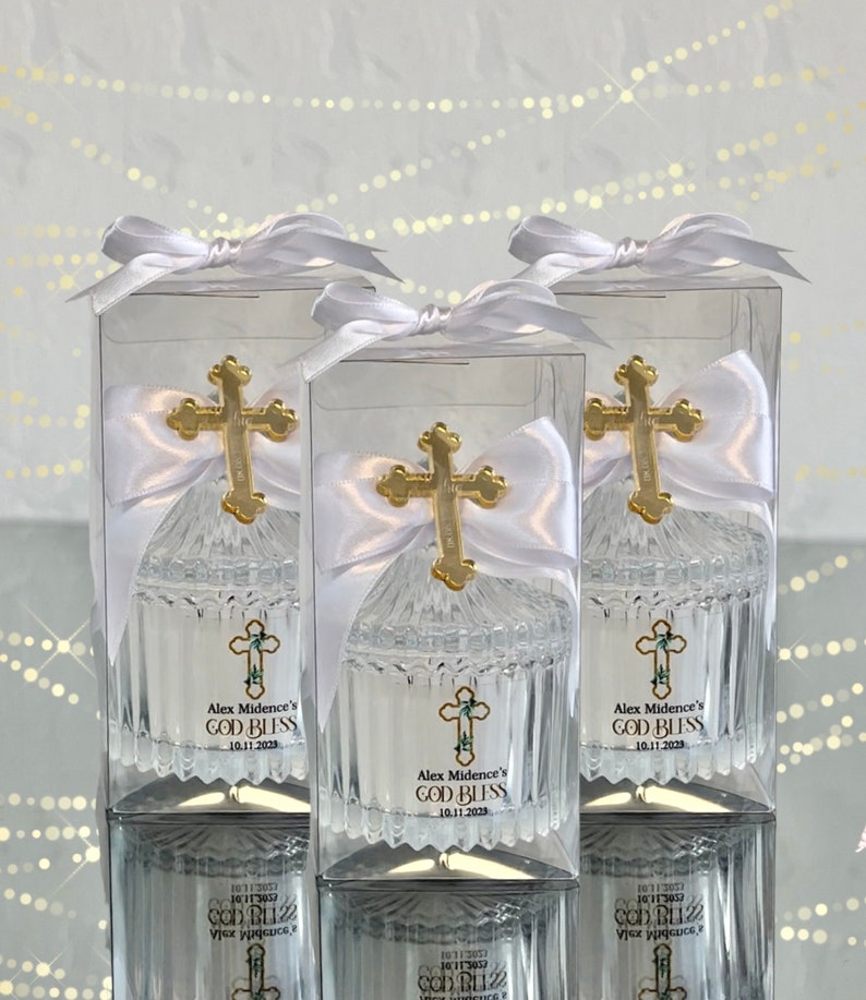 Personalized Gold Cross on Glass Candle With Baptism Favors for Guests ...