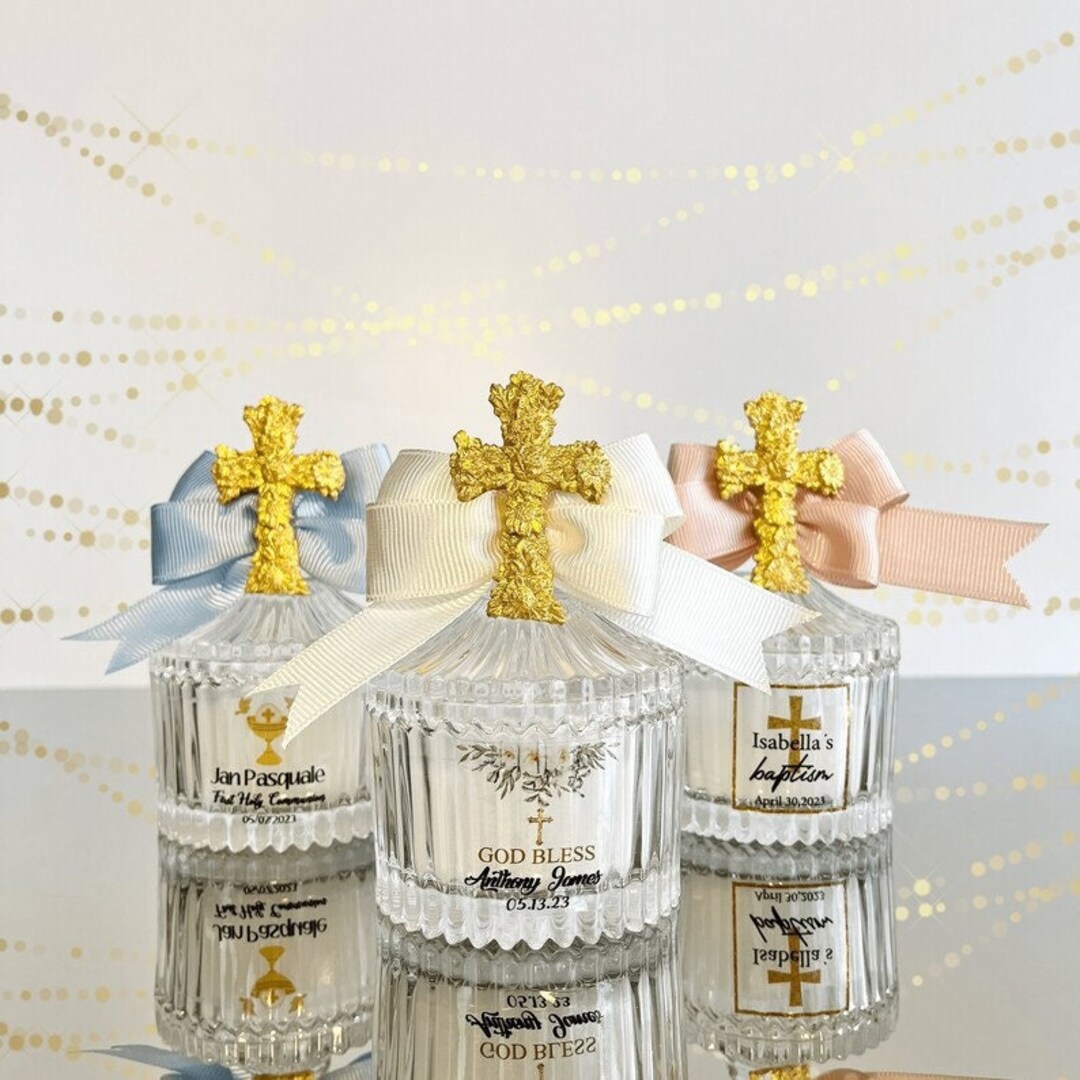 Unique Gold Cross on Glass Candle Baptism Favors, Holy Communion Favors ...