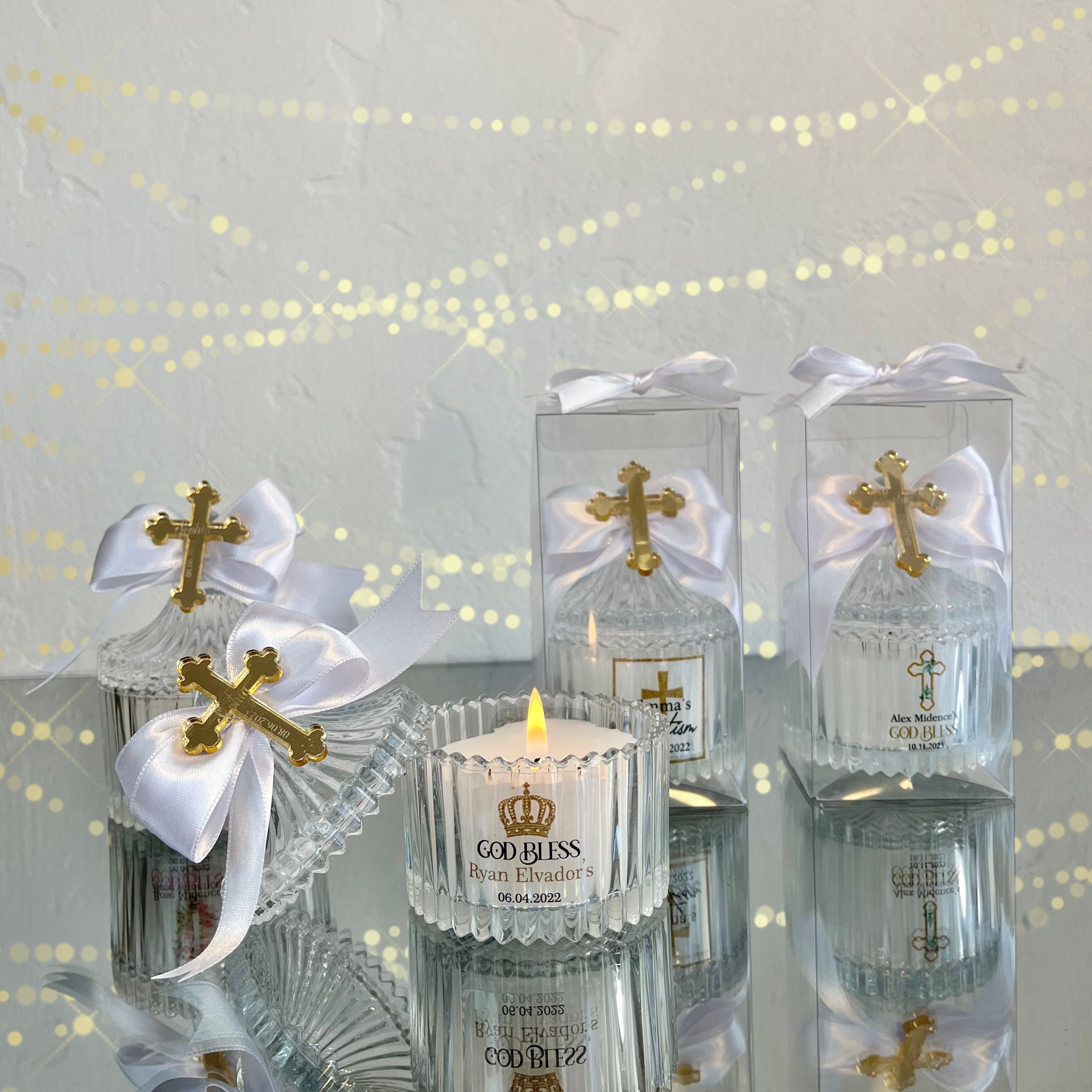 Personalized Gold Cross on Glass Candle With Baptism Favors - Etsy