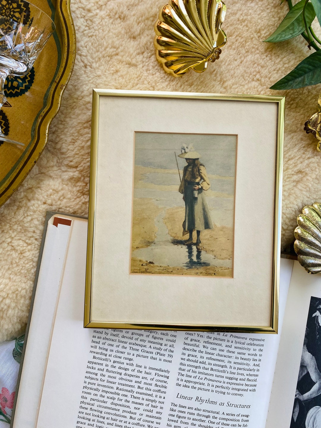 Vintage Framed Edward Van Goethem Print of Girl on the Beach, Gold ...