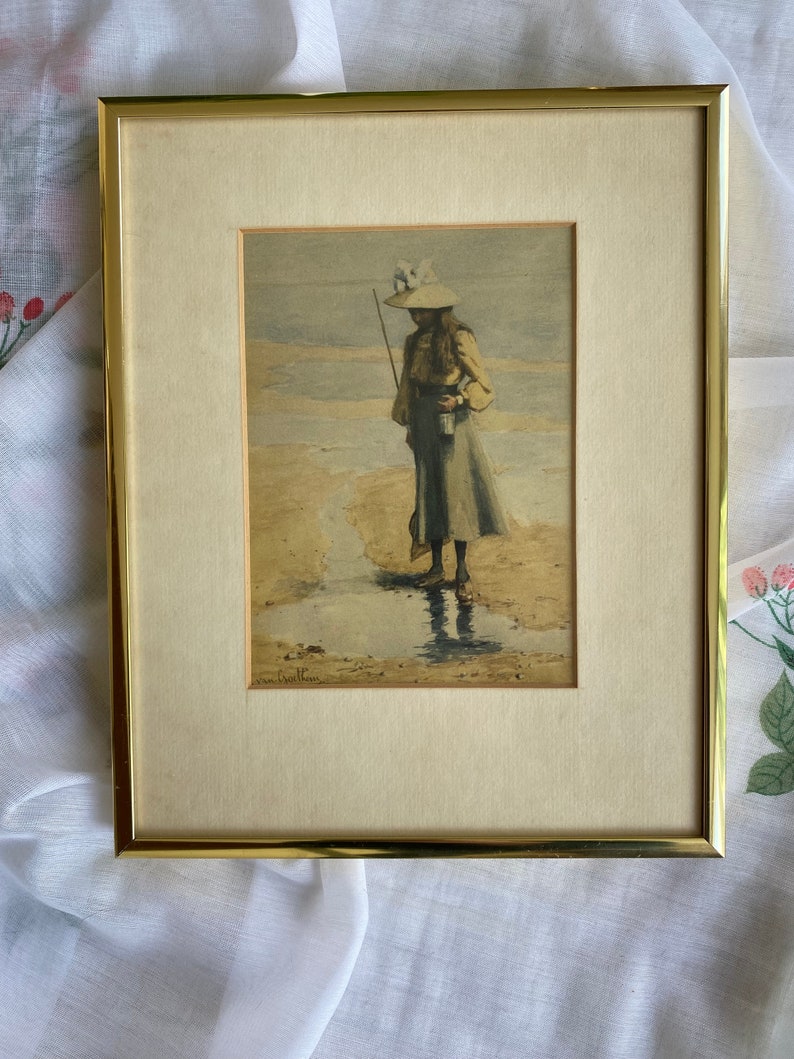 Vintage Framed Edward Van Goethem Print of Girl on the Beach, Gold ...