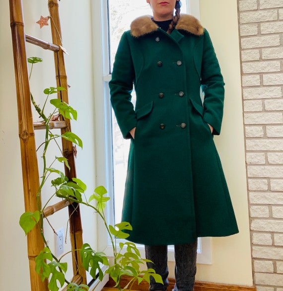 Vintage Dark Green Coat by Simpsons Canada, Fur Colla… - Gem