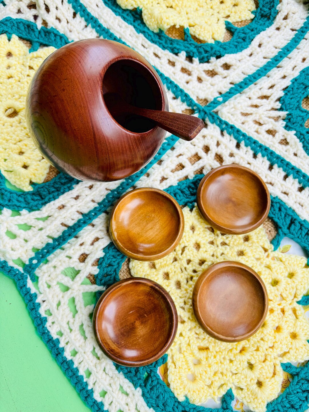 Mid Century Wooden Orb Nut Serving Bowl With Side Plates - Etsy