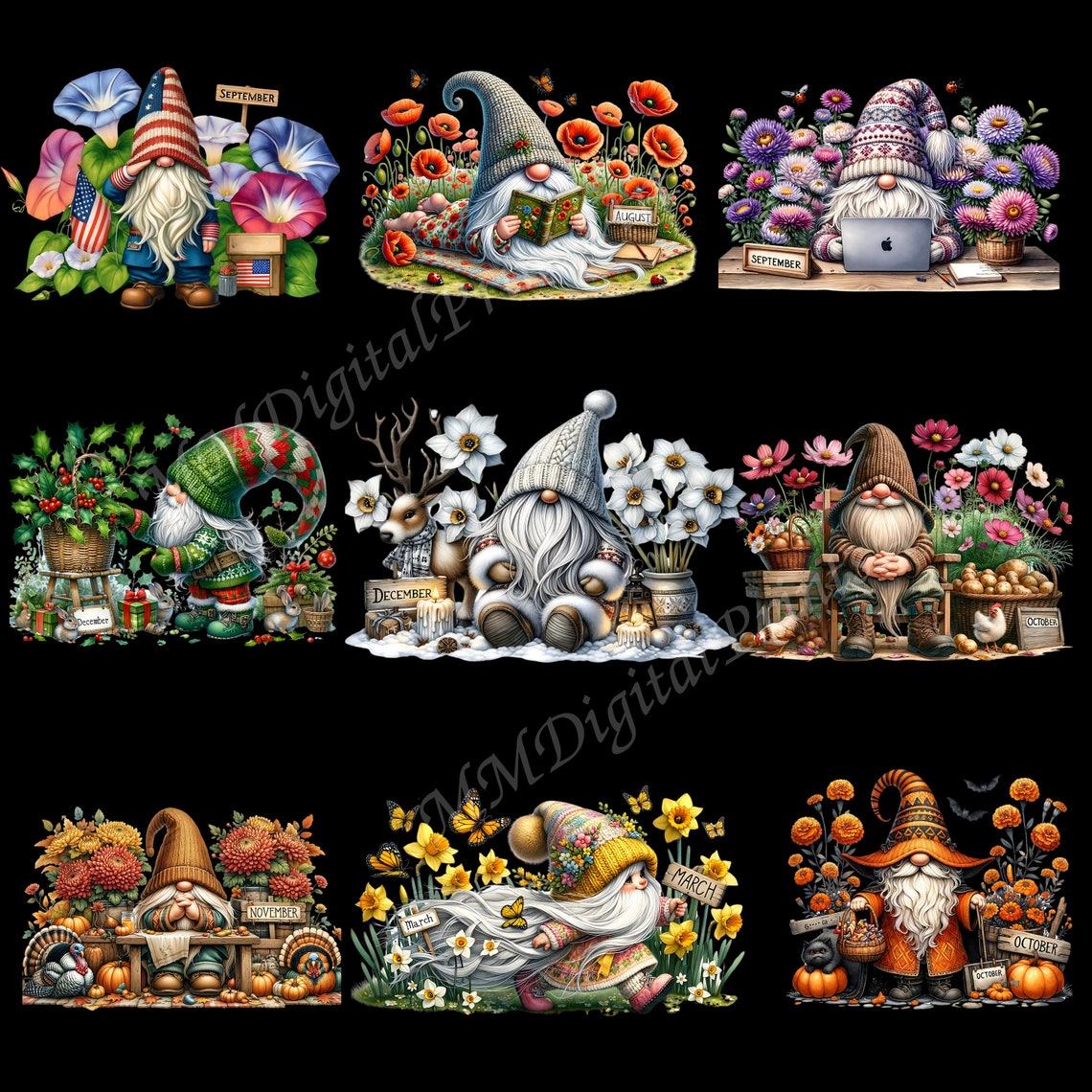 22 Birth Month Flower Gnome PNG Digital Download Floral Gnome Clipart ...