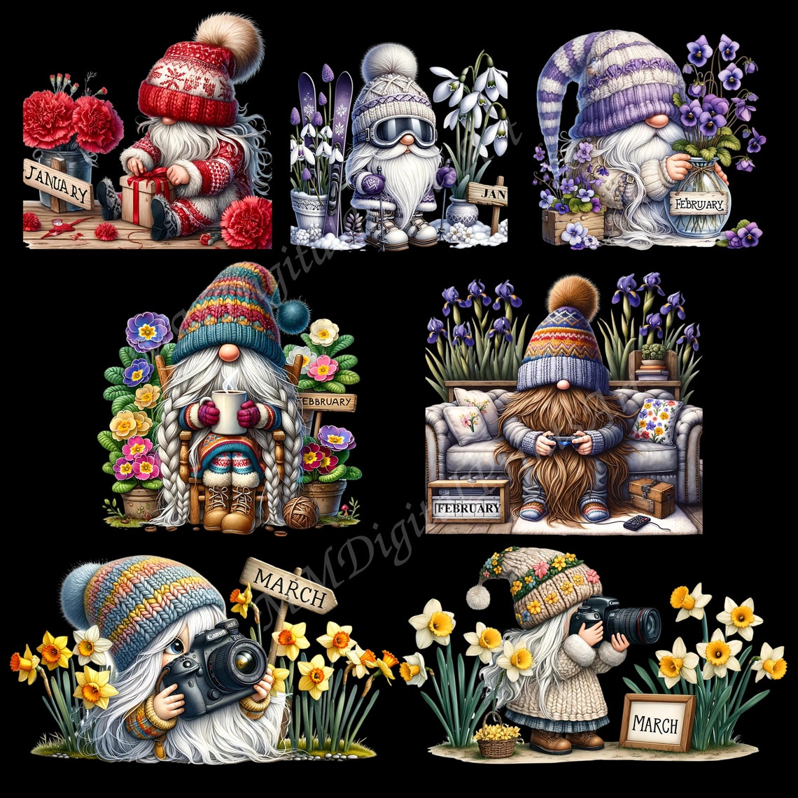 22 Birth Month Flower Gnome PNG Digital Download Floral Gnome Clipart ...