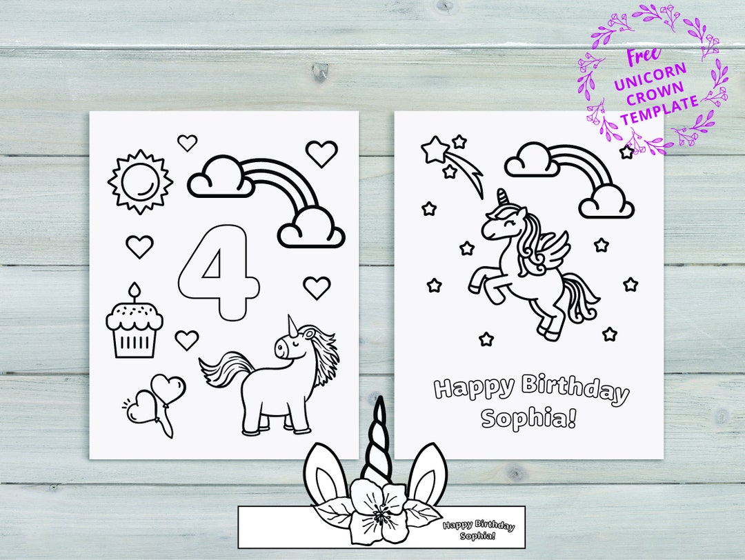 Personalized Unicorn Birthday Coloring Pages Bonus Unicorn Crown - Etsy