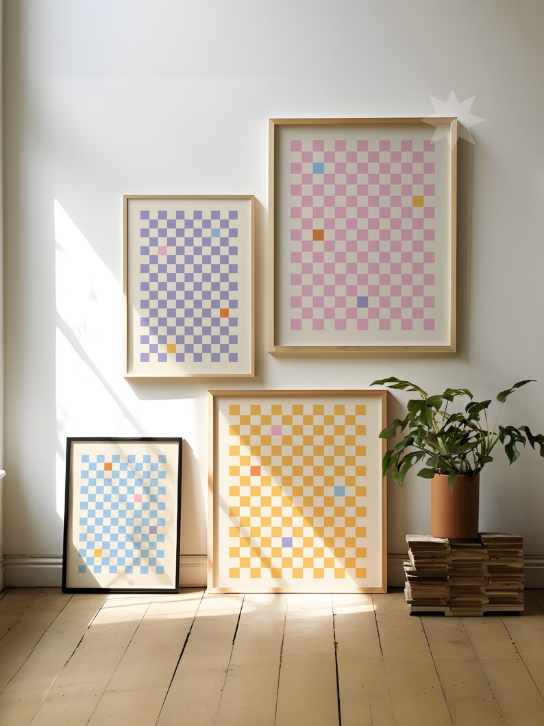 Checkered Wall Art Set of 4 Trendy Pastel Checkerboard Art Print Groovy ...