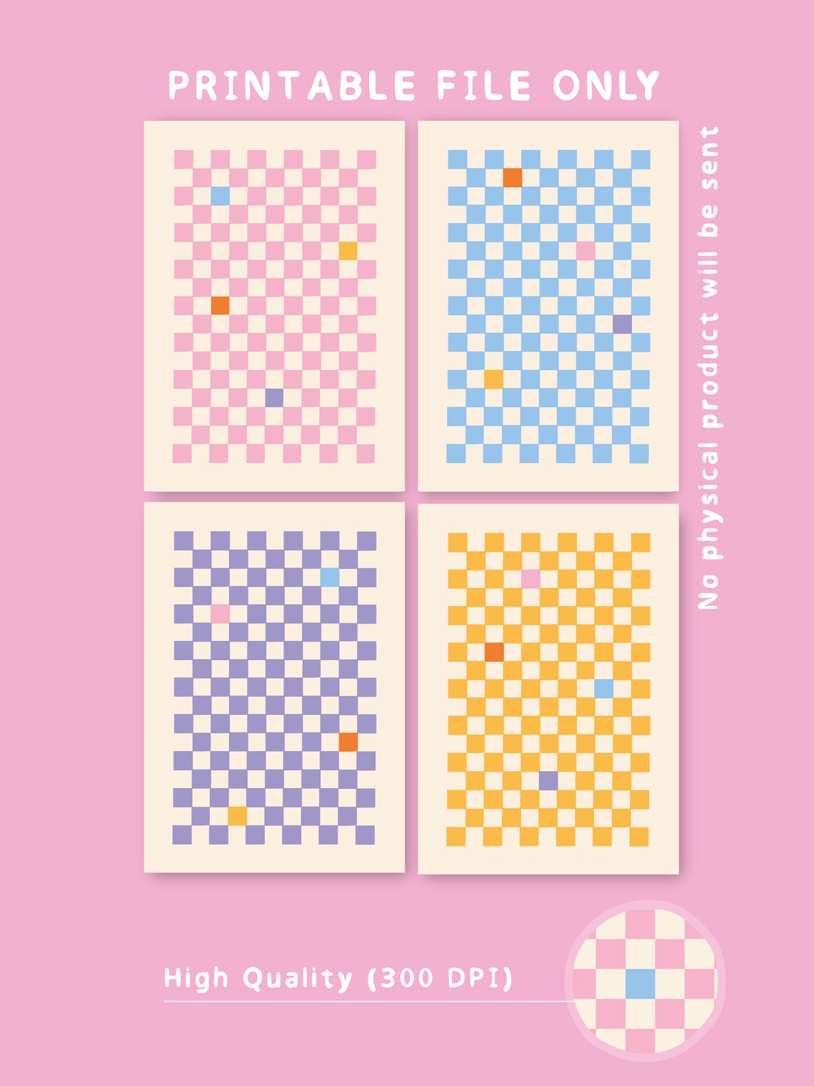 Checkered Wall Art Set of 4 Trendy Pastel Checkerboard Art Print Groovy ...