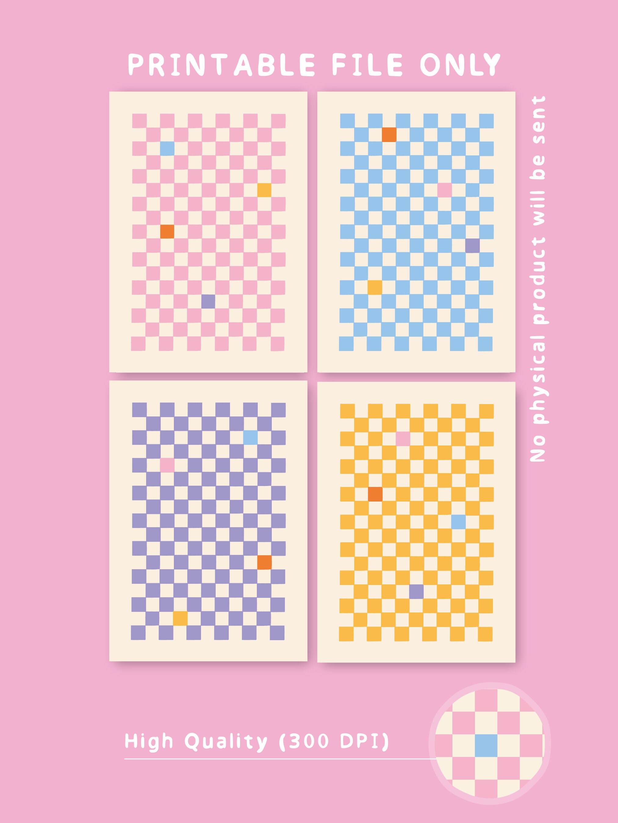 Checkered Wall Art Set of 4 Trendy Pastel Checkerboard Art Print Groovy ...