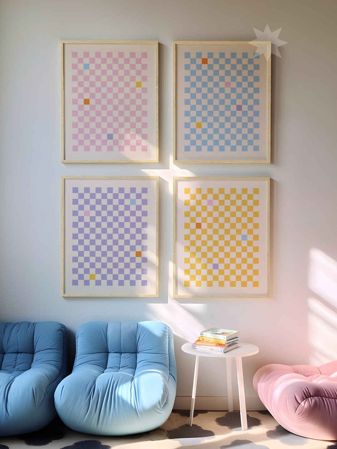 Checkered Wall Art Set of 4 Trendy Pastel Checkerboard Art Print Groovy ...