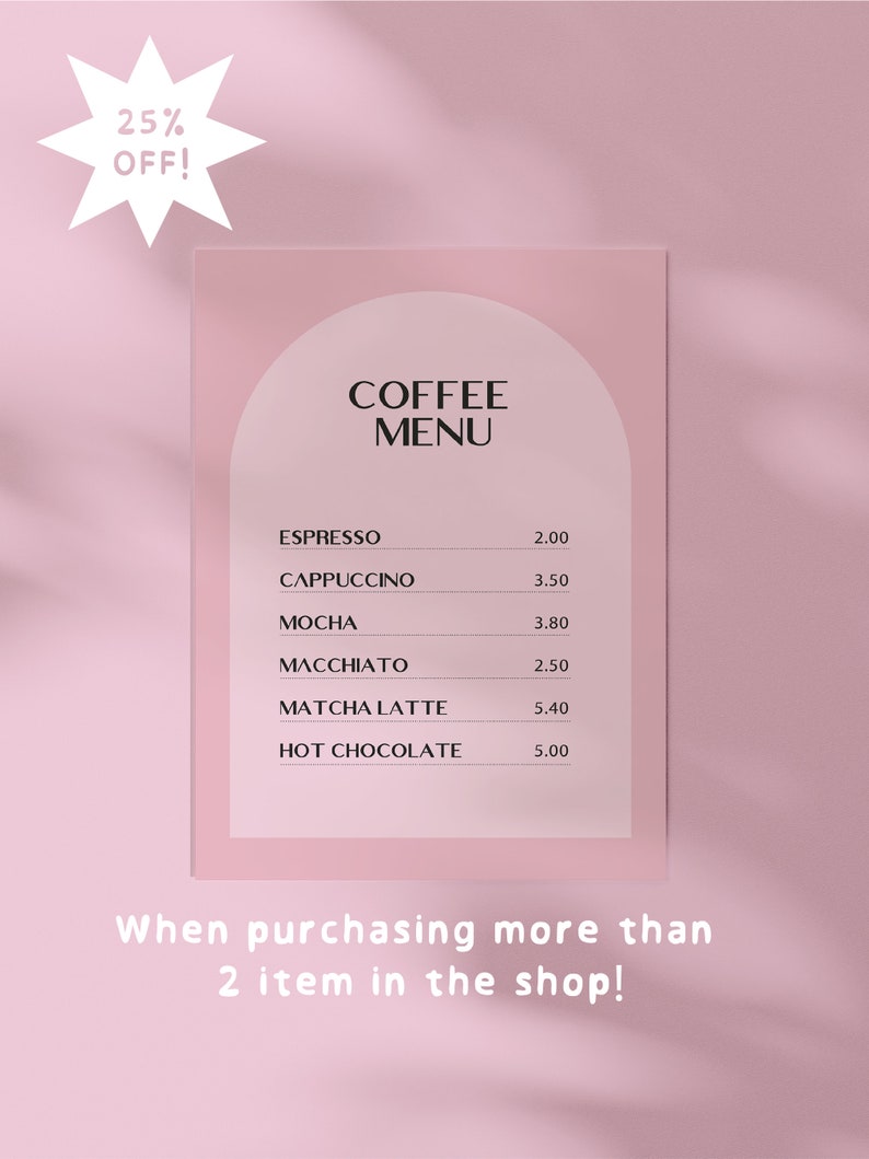 Coffee Menu Wall Art Pink Kitchen Decor Trendy Cafe Wall Art Coffee Bar ...