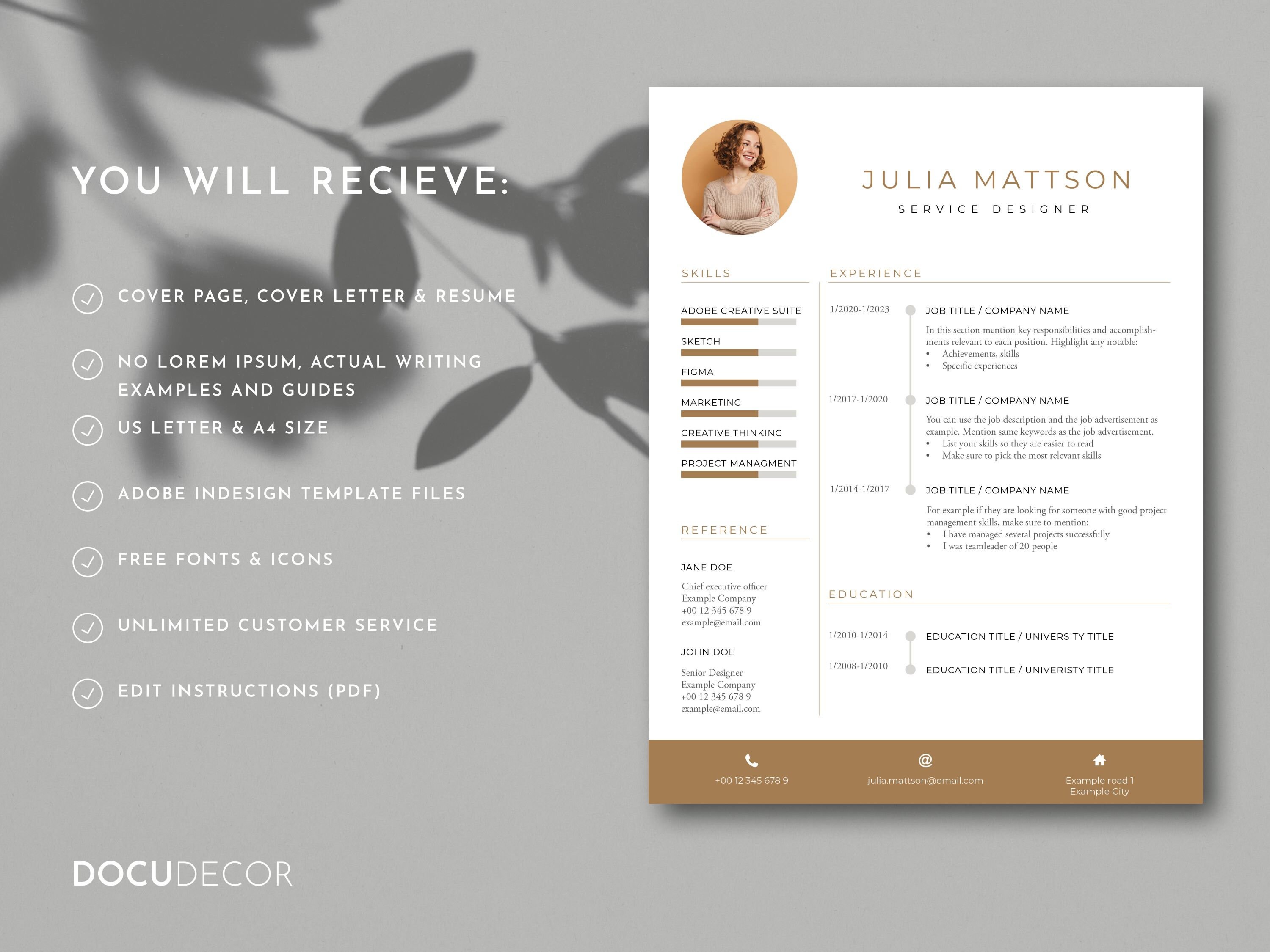 Indesign Resume & Cover Letter Template Set for Service Designer - Etsy