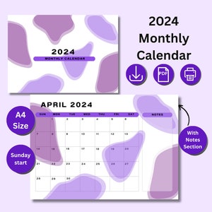 Printable 2024 Calendar Digital PDF Printable Minimalistic Purple With ...