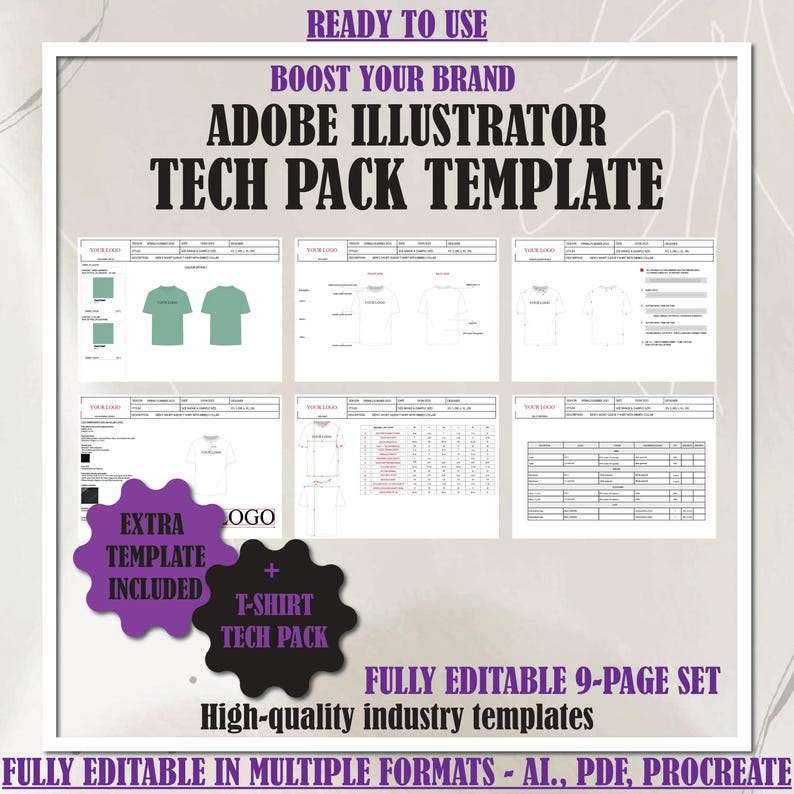 Editable Fashion Tech Pack Template | 9 Blank Pages + T-shirt Example ...