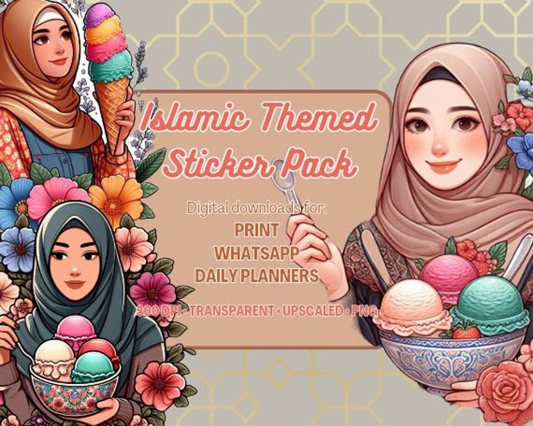 Hijabi Ladies Eating Ice Cream. Islamic Stickers Ready to Print, Use in ...