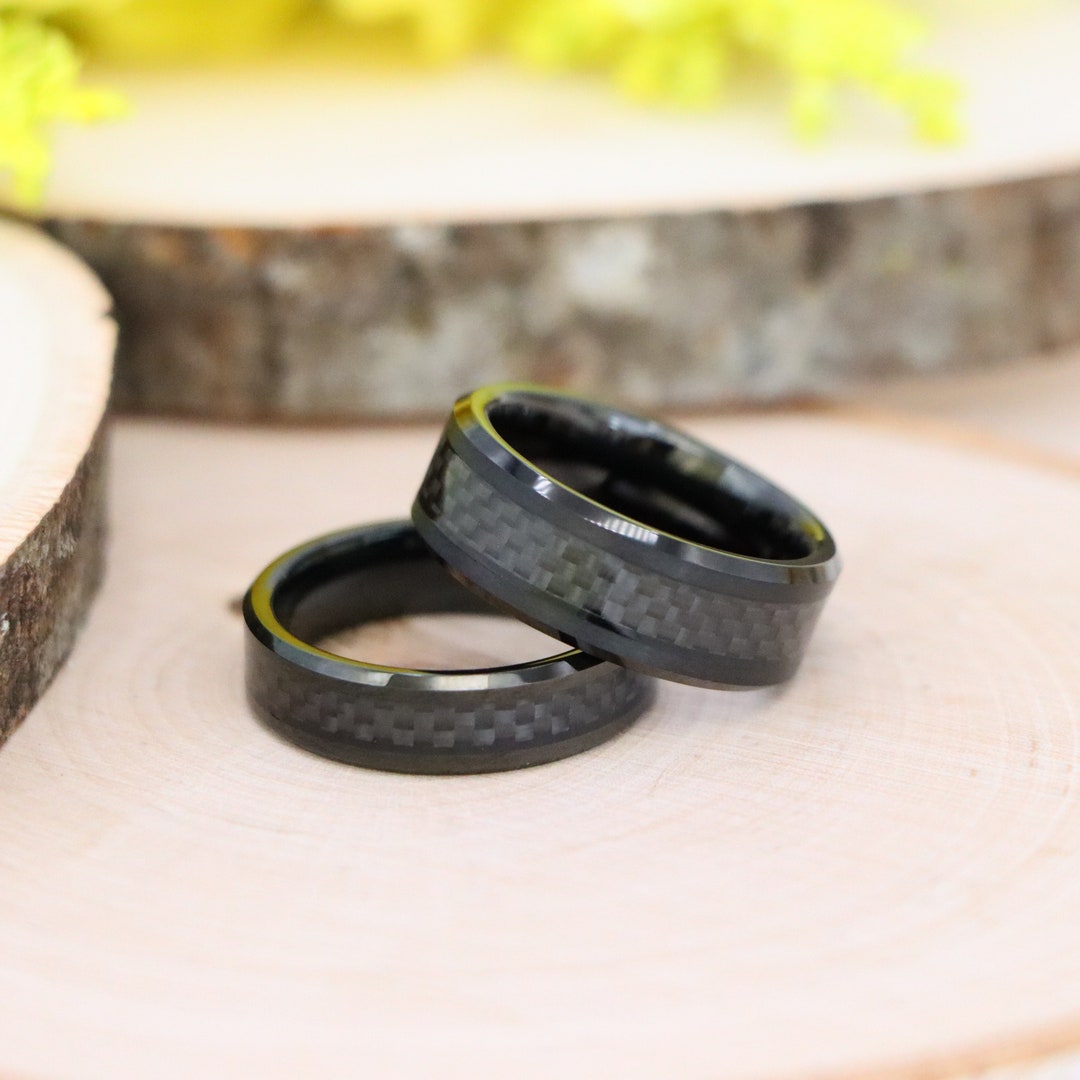 6mm 8mm Flat Carbon Fiber Center Beveled Edges High Polish Finish Ring ...