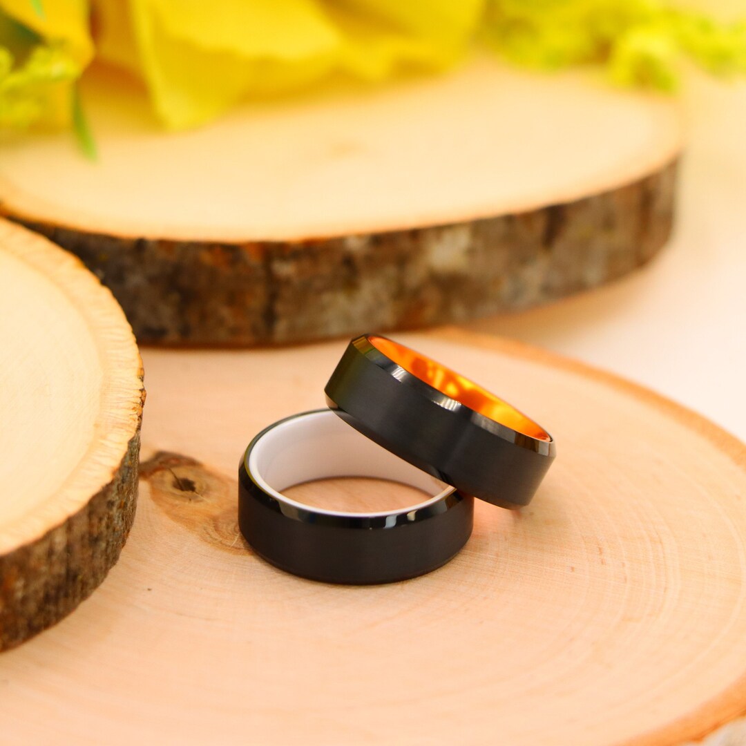 Black Tungsten Rings Mens Wedding Bands Black Orange Ring Orange ...