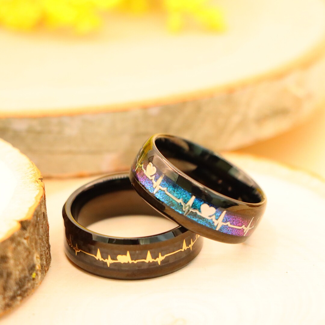 Heartbeat Cut Out Inlay, Men’s Wedding Band Ring, Unique Wedding Rings ...