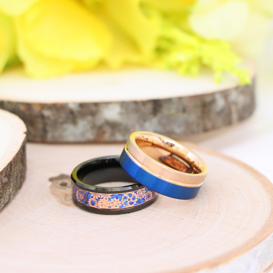 Carbon Fiber Gear Wedding Ring, Mens Wedding Band, Mens Engagement Ring, Rose Gold & Blue Pipe ...